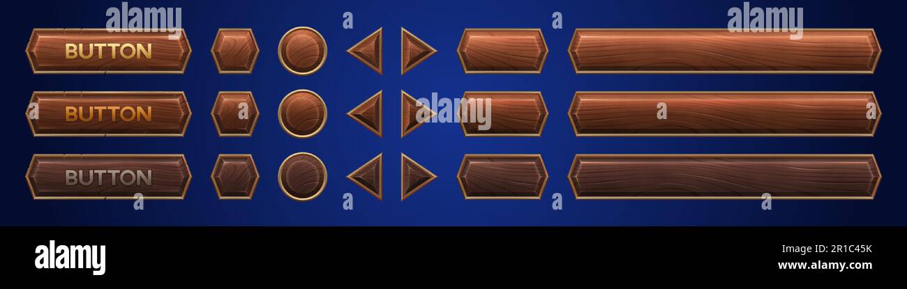 Realistic set of wooden game buttons sprite sheet isolated on ...