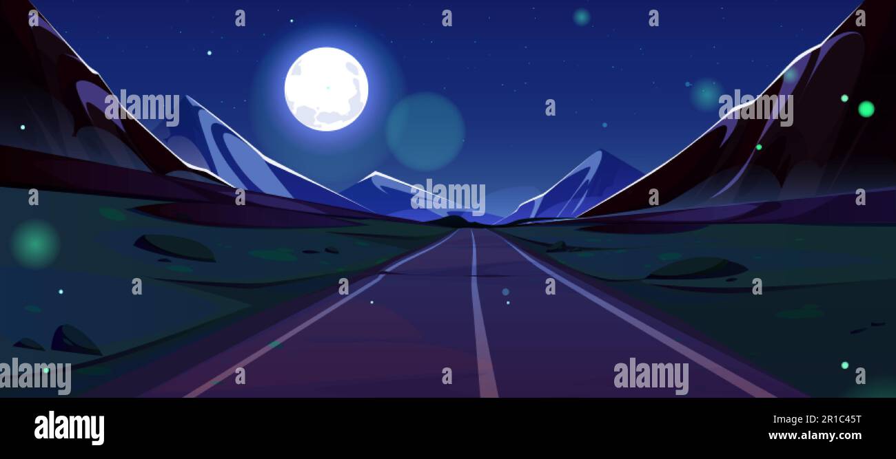 Road and mountain cartoon night landscape. Dark blue sky and full moon ...
