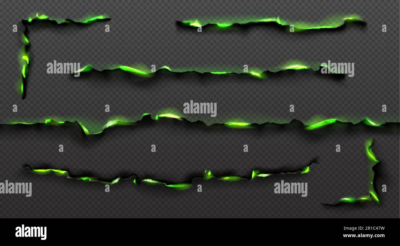 Realistic set of green fire burning paper edges isolated on transparent ...