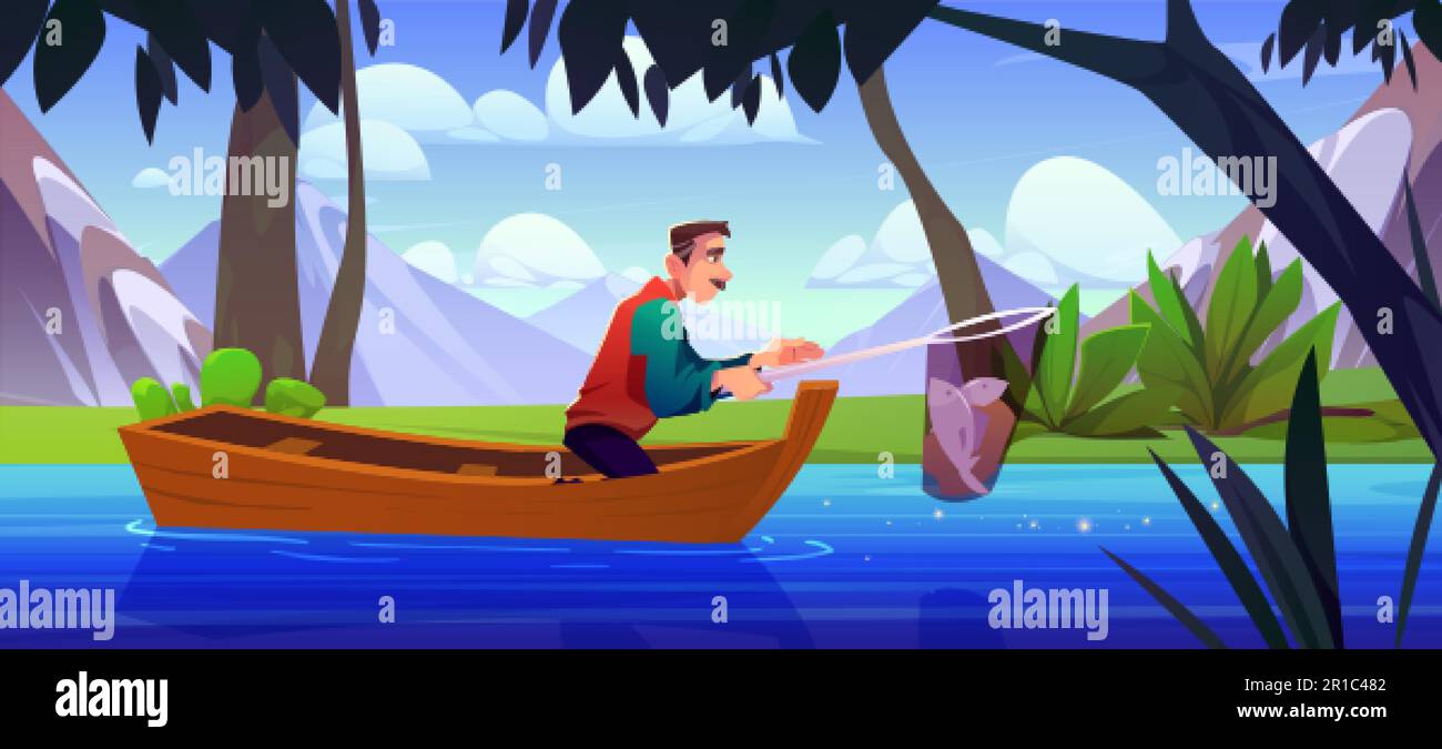 Boat in lake water with man holding fish in net cartoon background ...