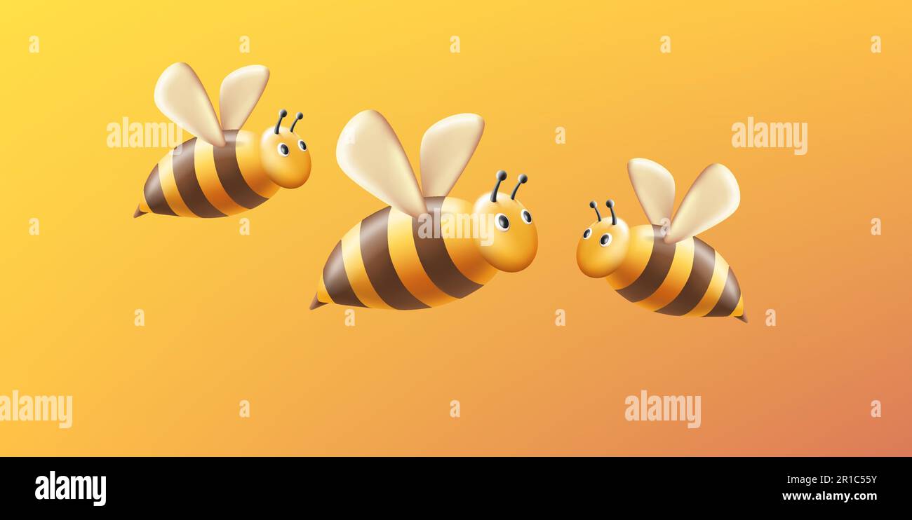 Flying bees, 3d render stylized illustration of insect with yellow ...