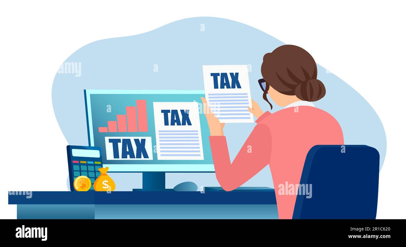 Vector of a businesswoman submitting online income tax return Stock ...