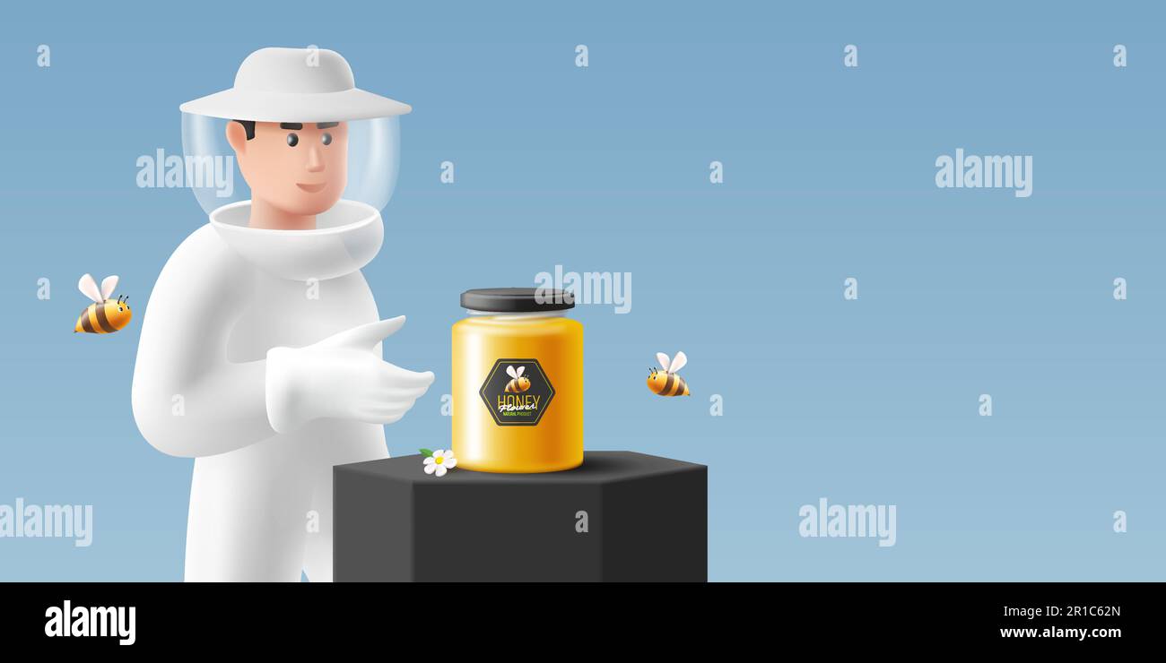 3d render illustration of beekeeper presenting a glass jar of honey ...