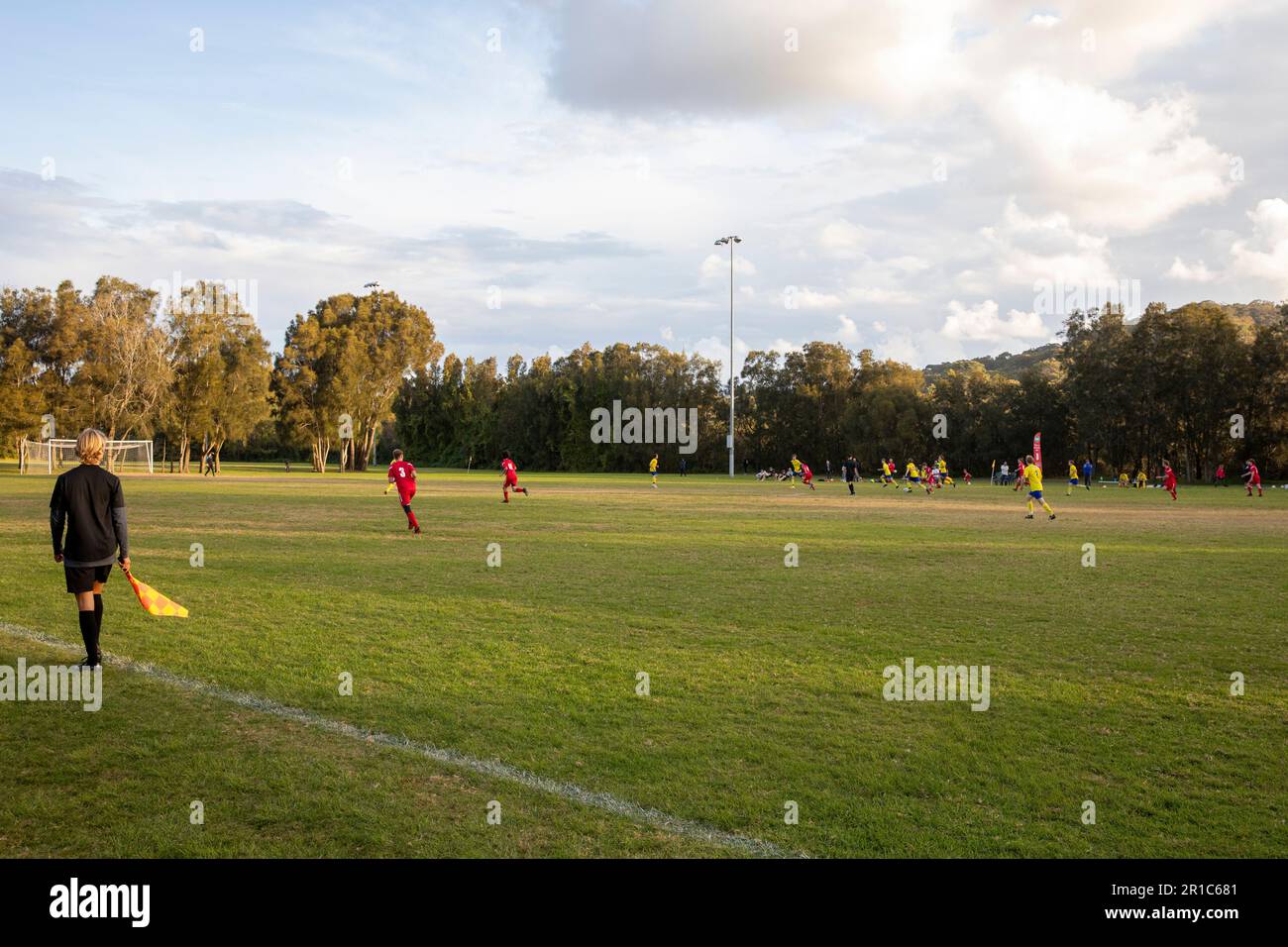 Australian Football Soccer Linesman Referees Assistant During Amateur Game Of Football In Sydney