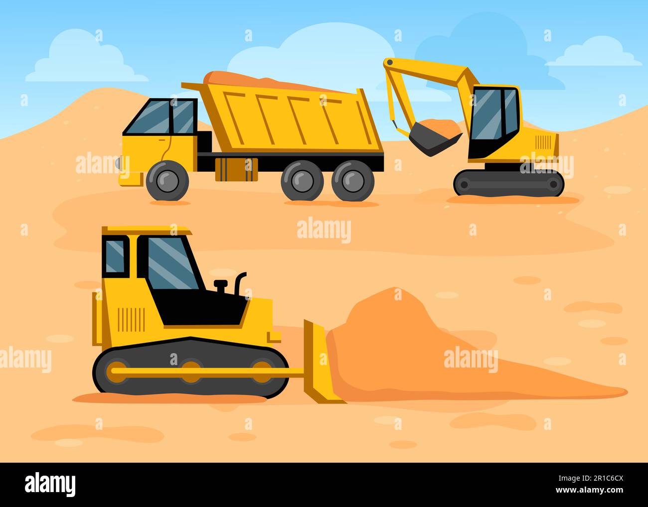 Cartoon truck, excavator and bulldozer on construction site Stock ...