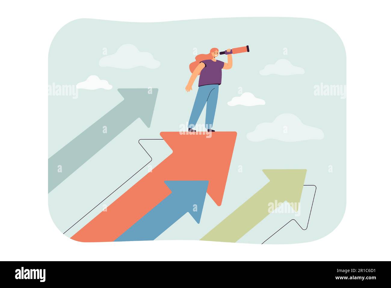 Tiny woman standing on arrow and looking for future plans Stock Vector ...