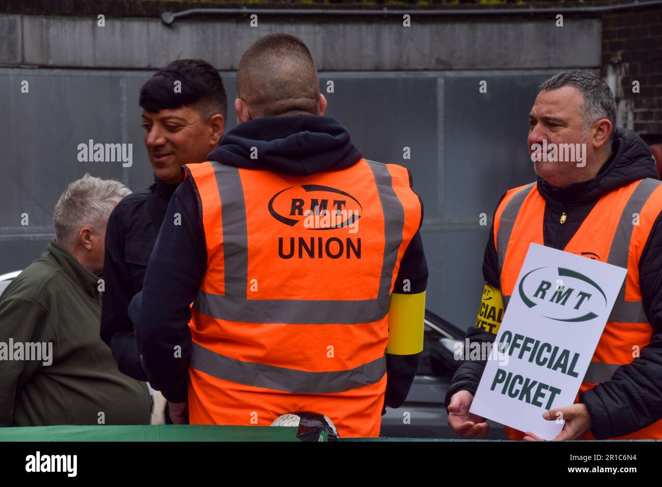 London, UK. 13th May 2023. RMT union members stand at the picket ...