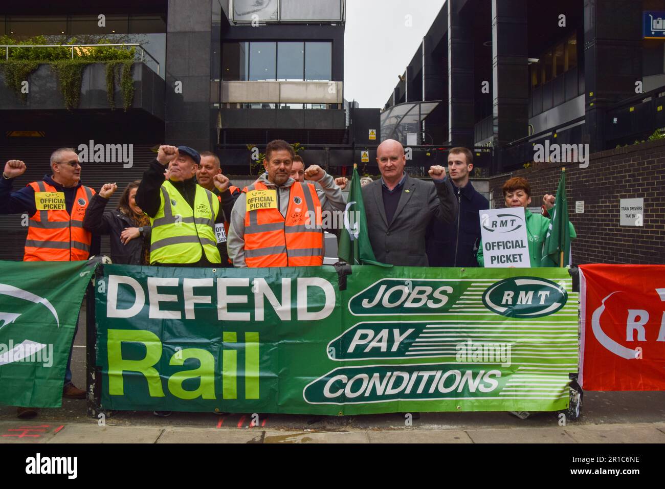 London, UK. 13th May 2023. RMT general secretary Mick Lynch joins the ...