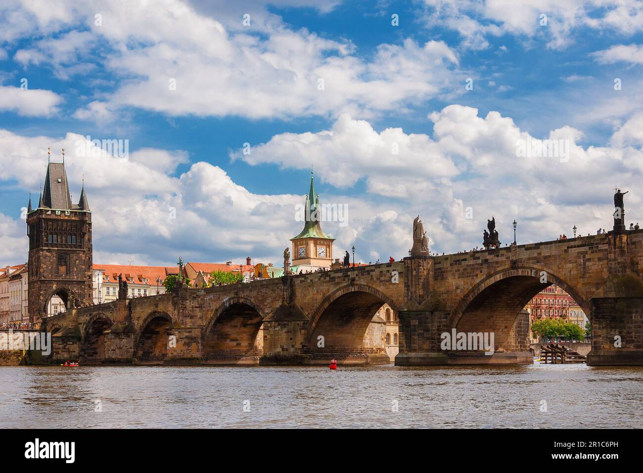 Medieval Charles Bridge on River Vltava with Old Town Bridge Tower and Water Tower in Prague ...