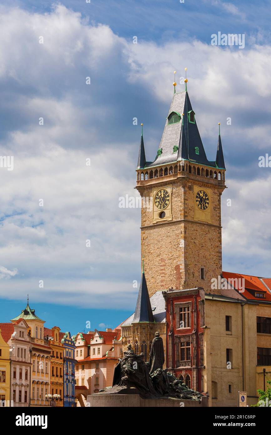 Old Town Hall medieval clock tower among clouds in Prague, a city ...