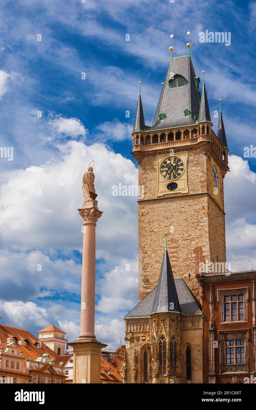 Old Town Hall medieval clock tower among clouds in Prague, a city ...