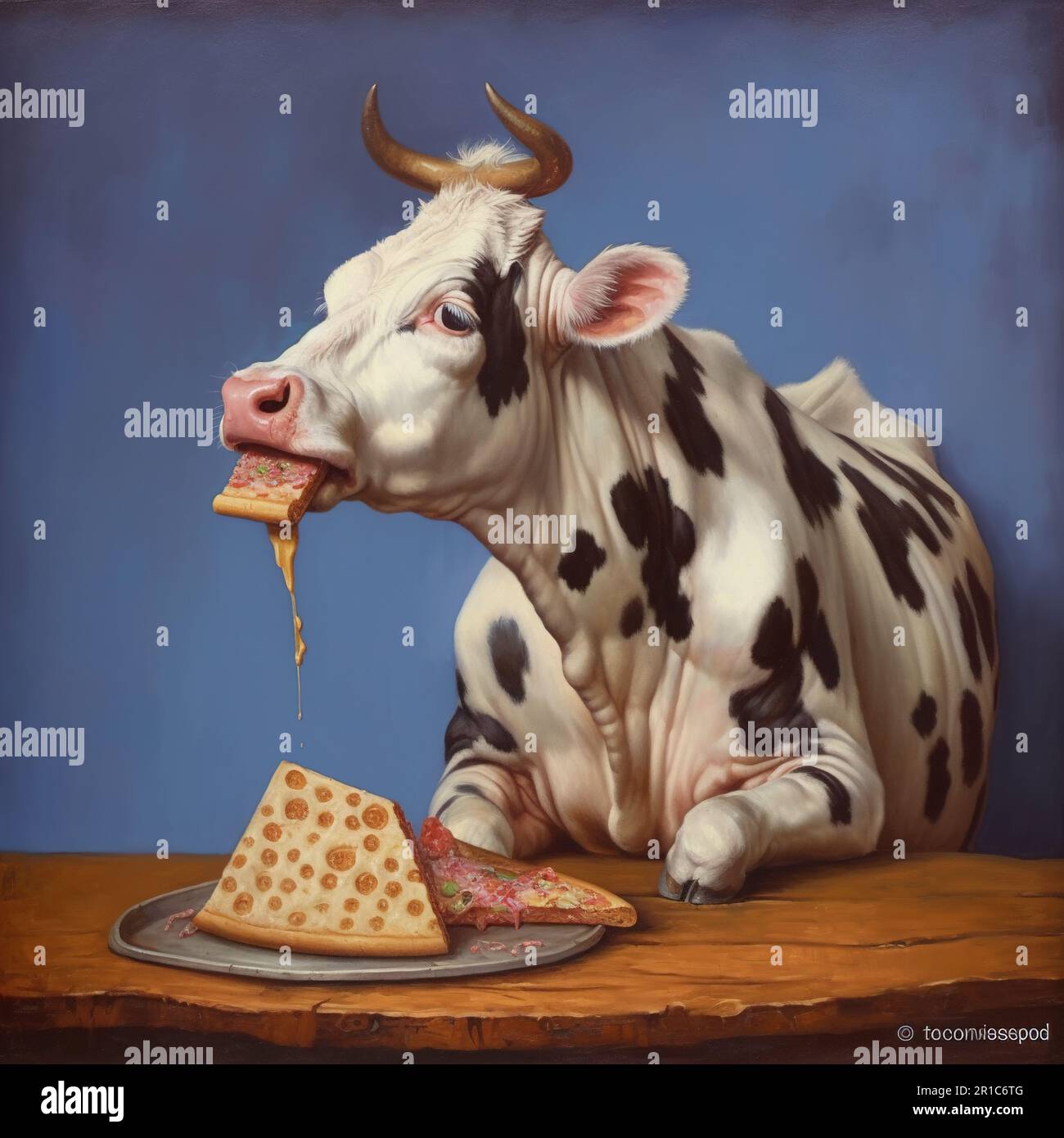 This whimsical digital painting depicts a cow enjoying a slice of pizza ...