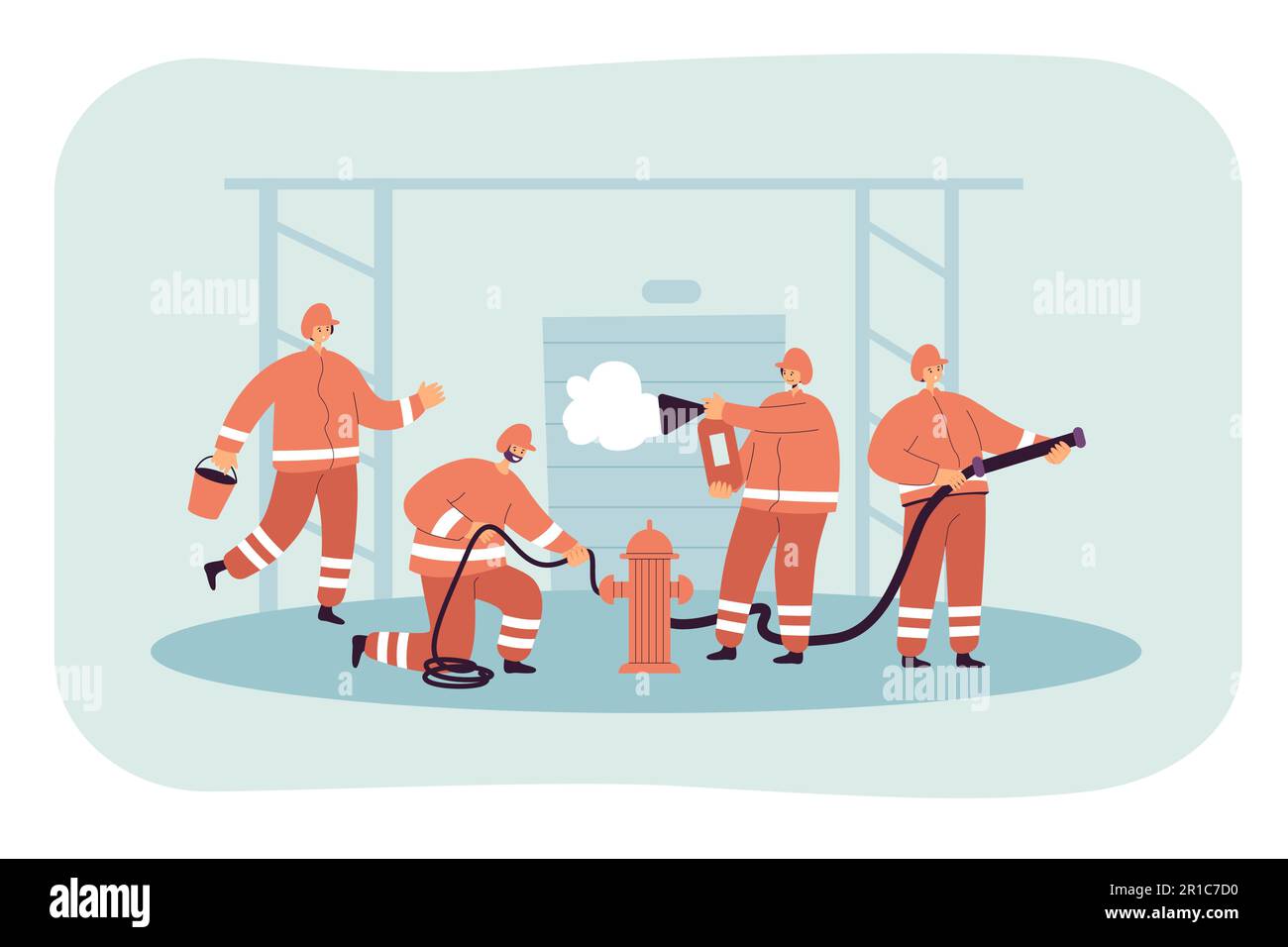 Fireman team fighting fire, rescuing people and buildings Stock Vector ...