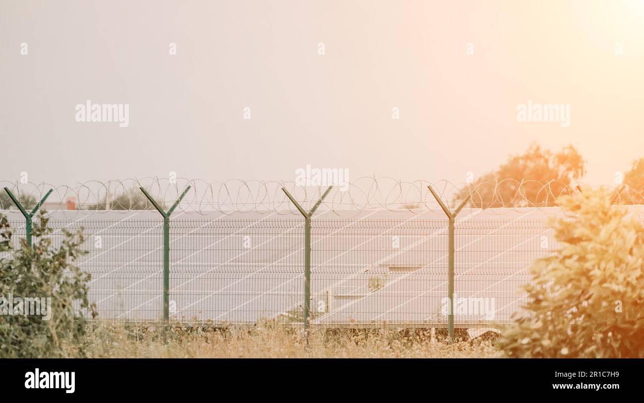 Large solar station with blue photovoltaic panels fenced with lattice ...