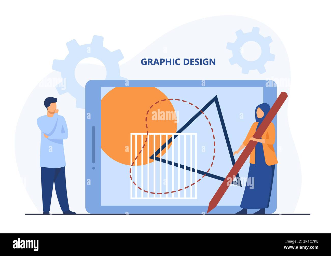 Tiny people creating graphic design on giant tablet Stock Vector Image ...