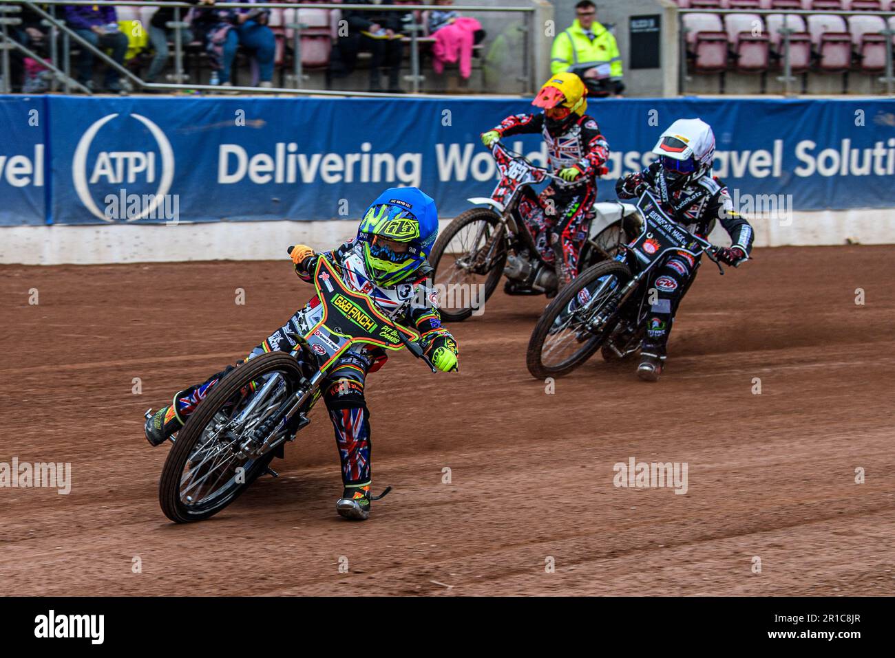 Manchester, UK. 12th May 2023. Archie Rolph (Blue) leads Emerson Betty ...