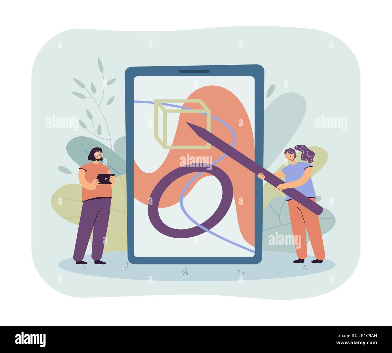 Two tiny cartoon girls painting abstract figures Stock Vector Image ...