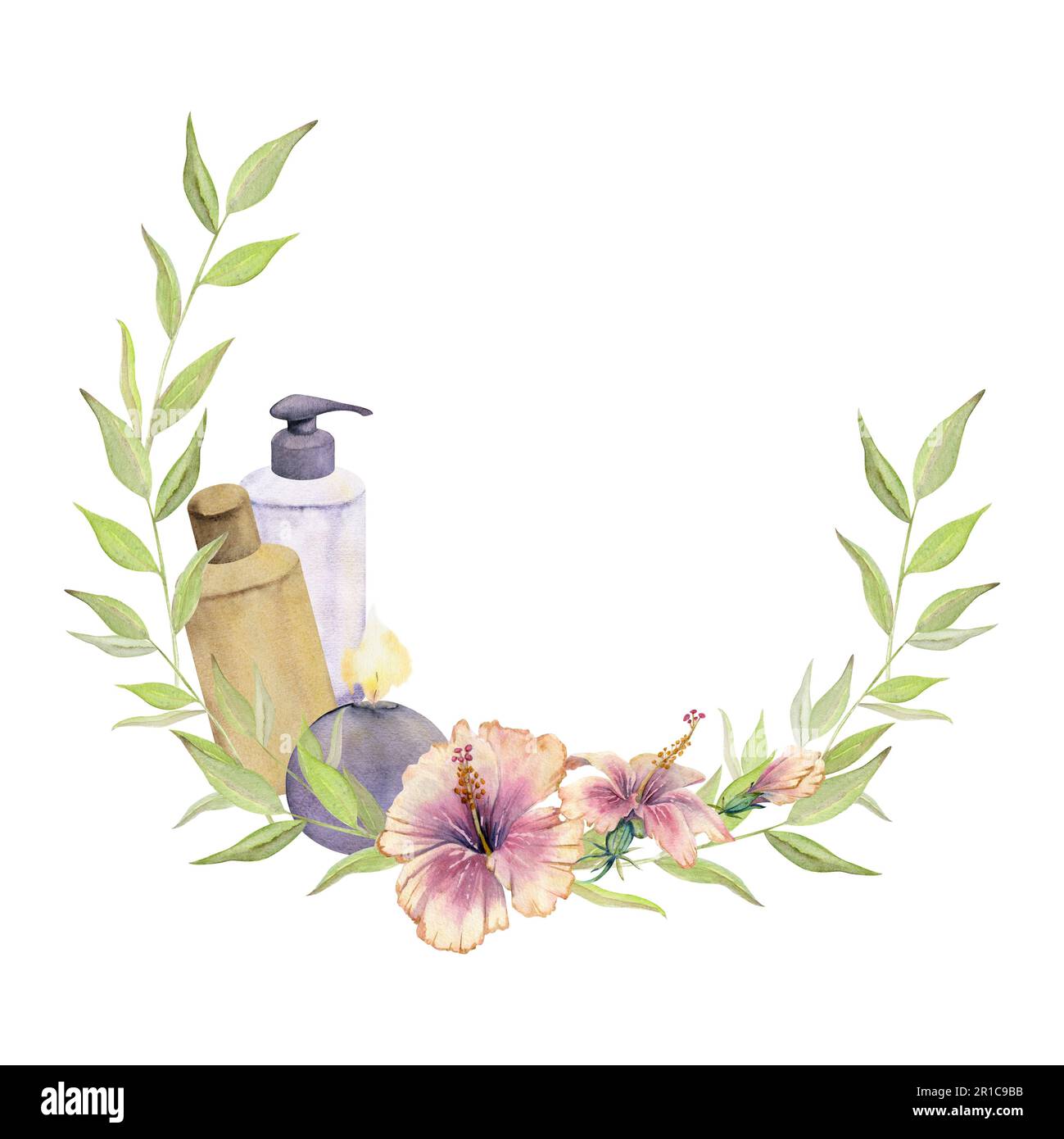 Hand drawn watercolor spa skincare bath beauty products package with ...