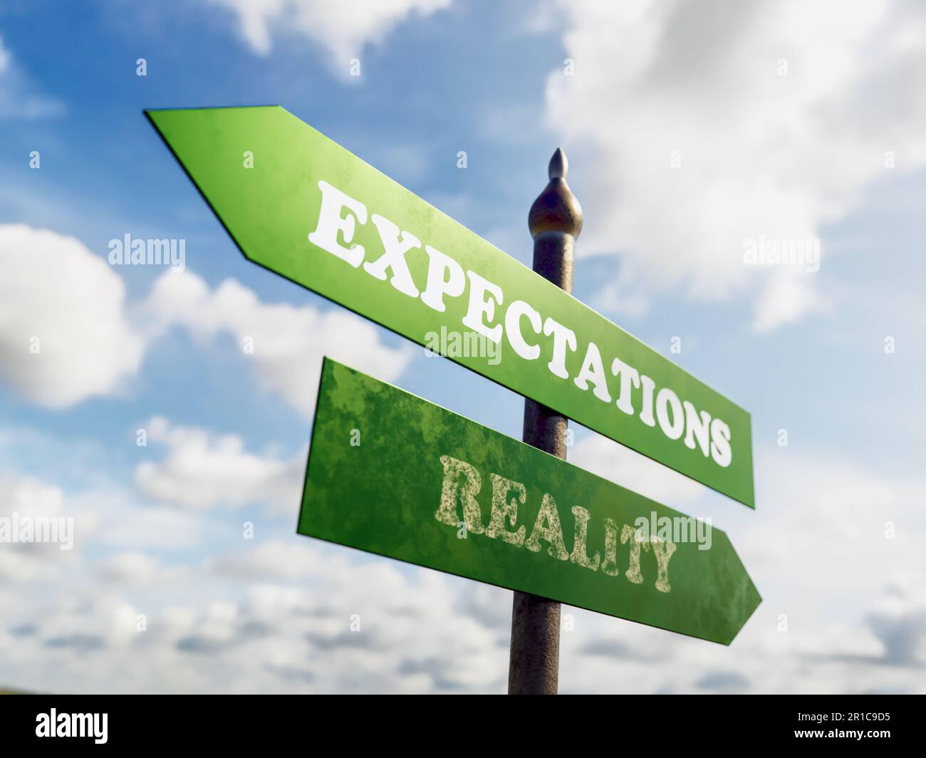 3D rendering of Expectations vs Reality road signpost against the ...