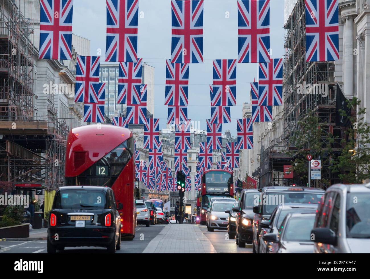 Union Jack Flags and Red Buses on Regent Street to celebrate King ...
