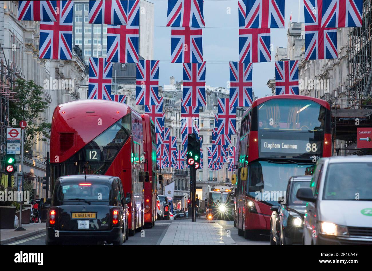 Union Jack Flags and Red Buses on Regent Street to celebrate King ...