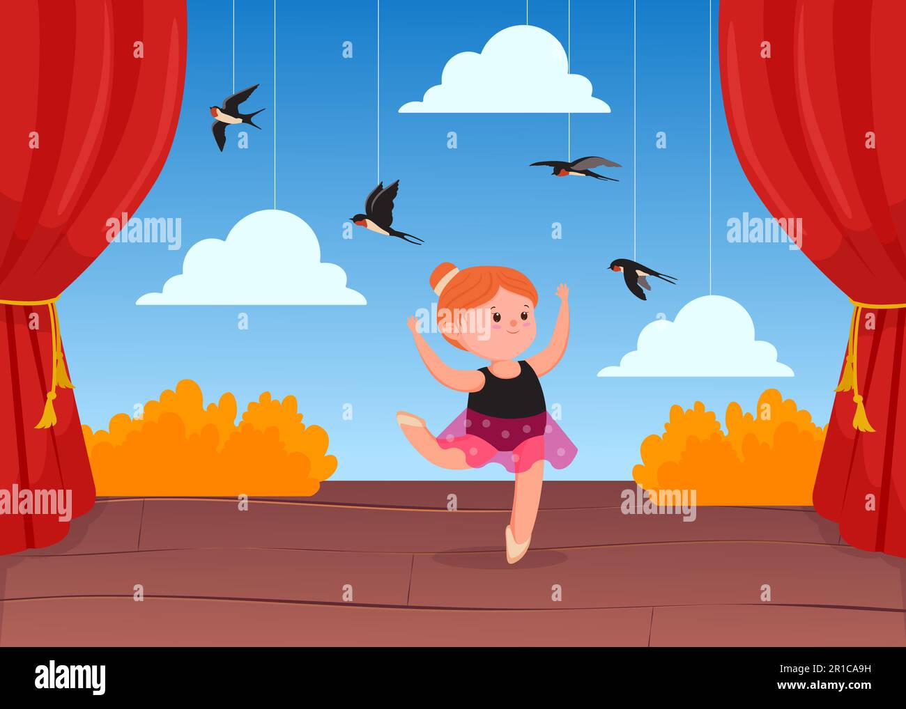 Cute little ballerina dancing on stage with decorations Stock Vector ...