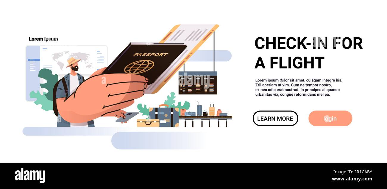 man tourist holding passport with boarding pass or flight ticket guy ...