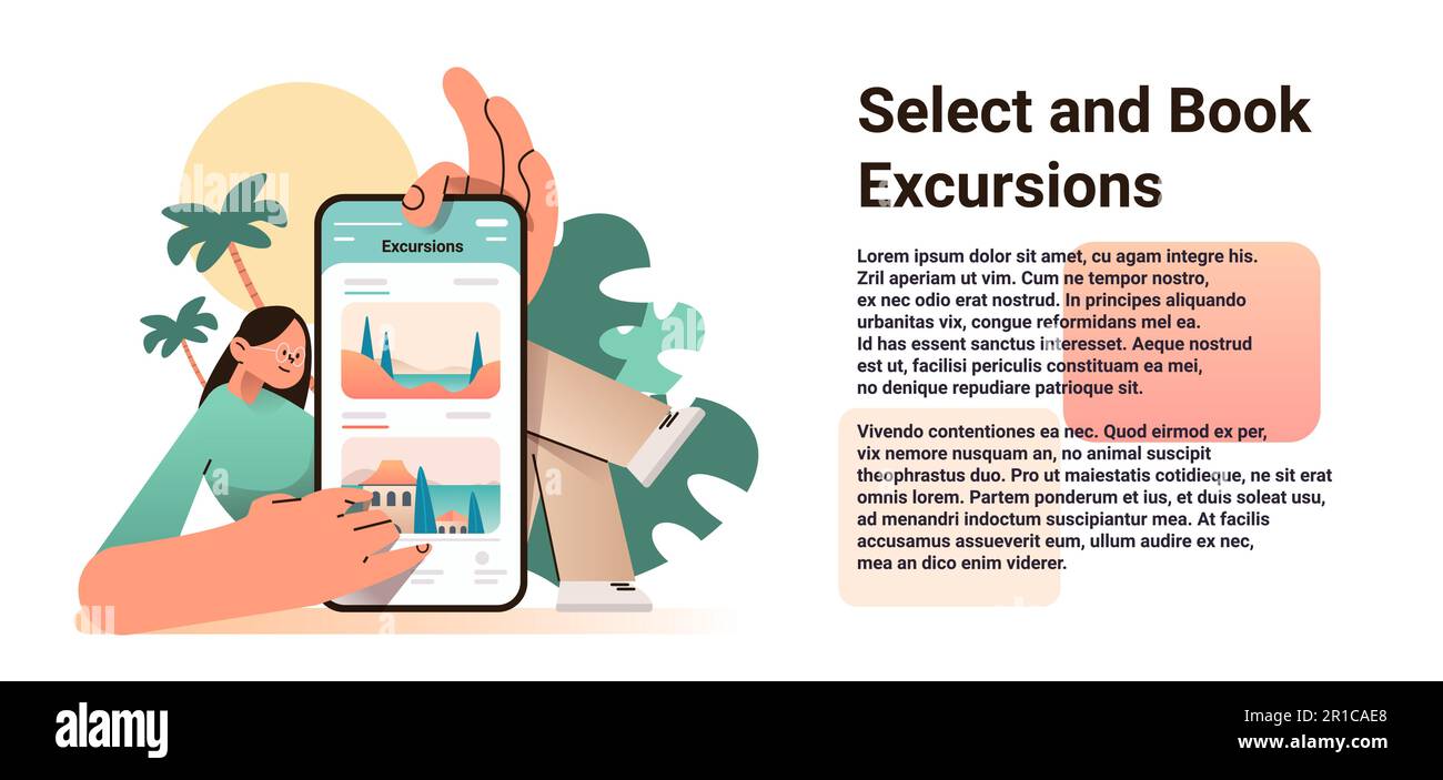woman selecting and booking excursions in mobile app on smartphone ...