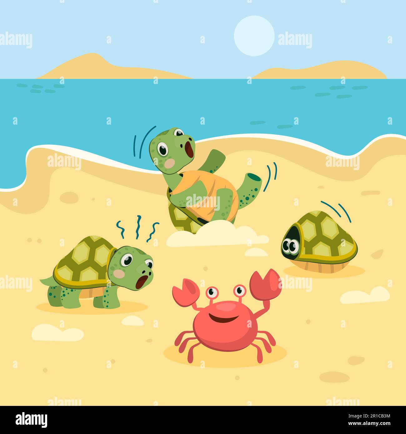 Funny little turtles playing on sea beach with crab Stock Vector Image ...