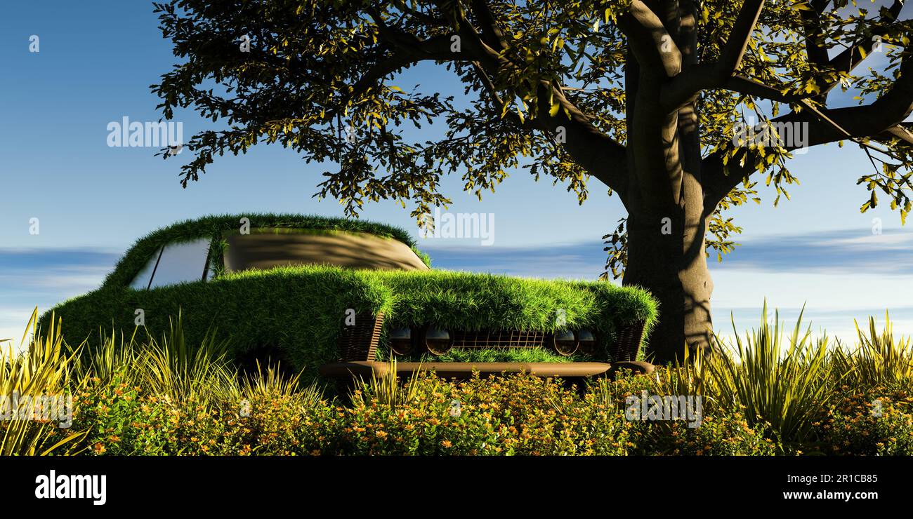 a car overgrown by grass on a meadow under a tree - 3D Illustration ...