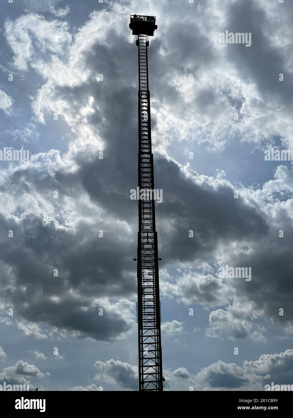 Stairway to the sky by a fire truck. Fire department turntable ladder ...