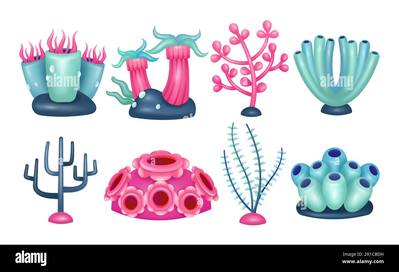 Coral reefs, sea flowers and seaweed. 3d vector element illustration ...