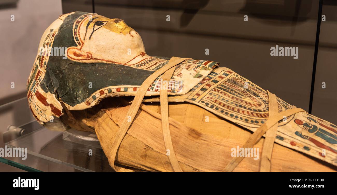 Turin, Italy - March 2023: Egyptian Museum, mummy of a baby with a mask ...