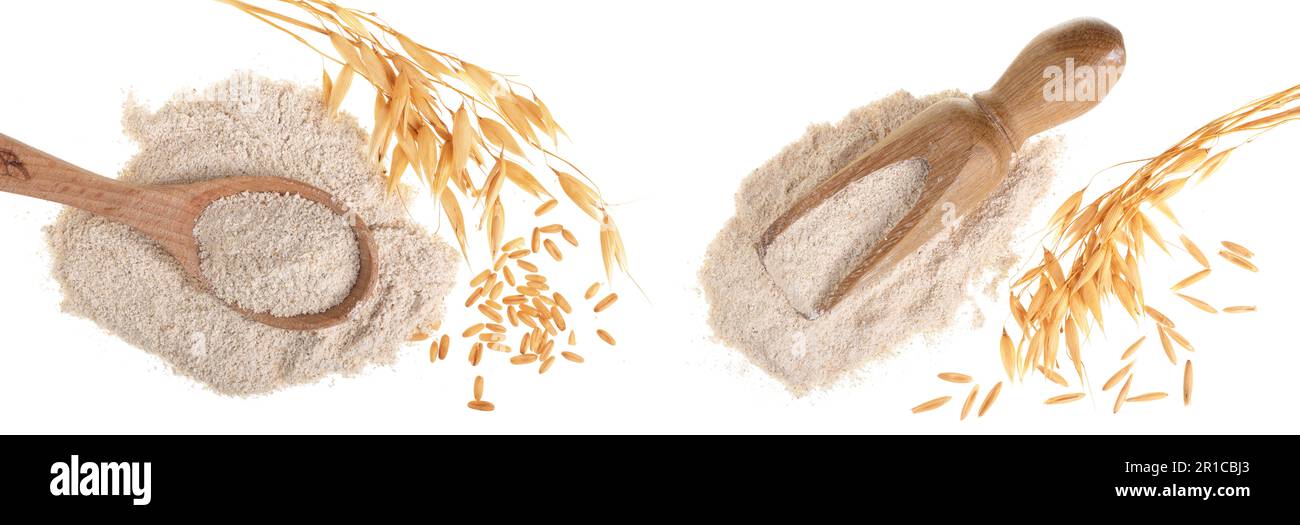 oat spike with flour in wooden scoop and spoon isolated on white ...