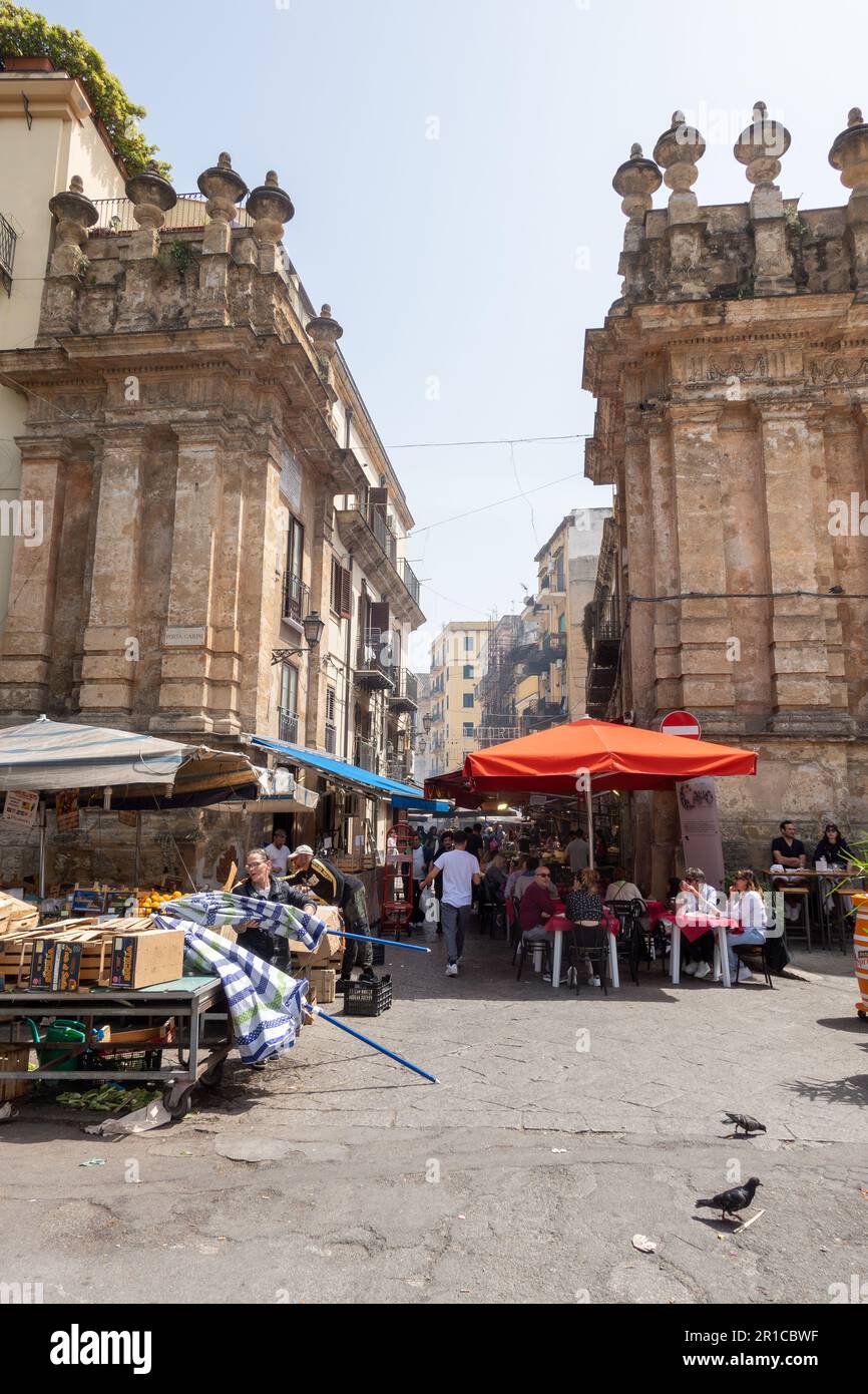 Traditional street market Italy. Famous Capo market of Palermo with ...
