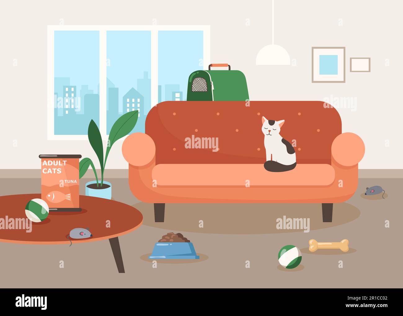Cute cat character sitting on sofa in living room illustration Stock ...