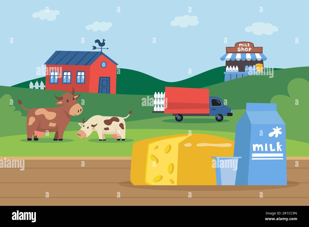 Carton of milk and cheese in front of milk farm illustration Stock ...