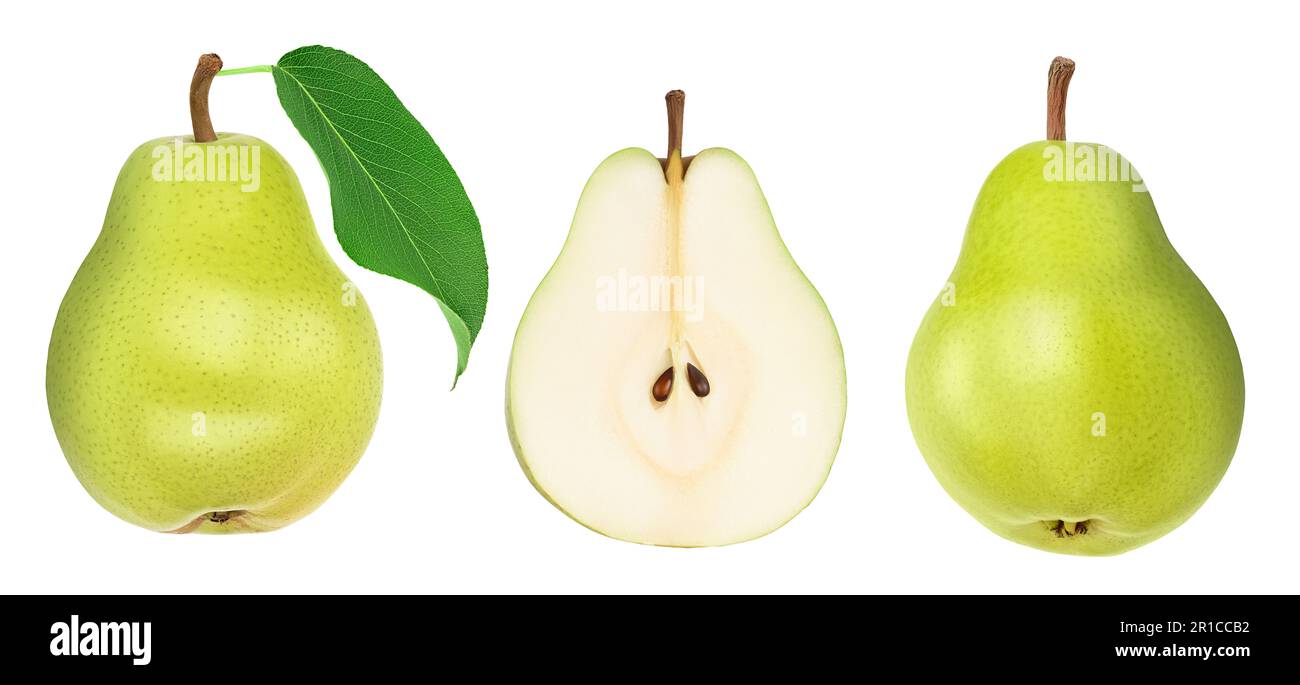 Green pear fruit with half isolated on white background with full depth ...