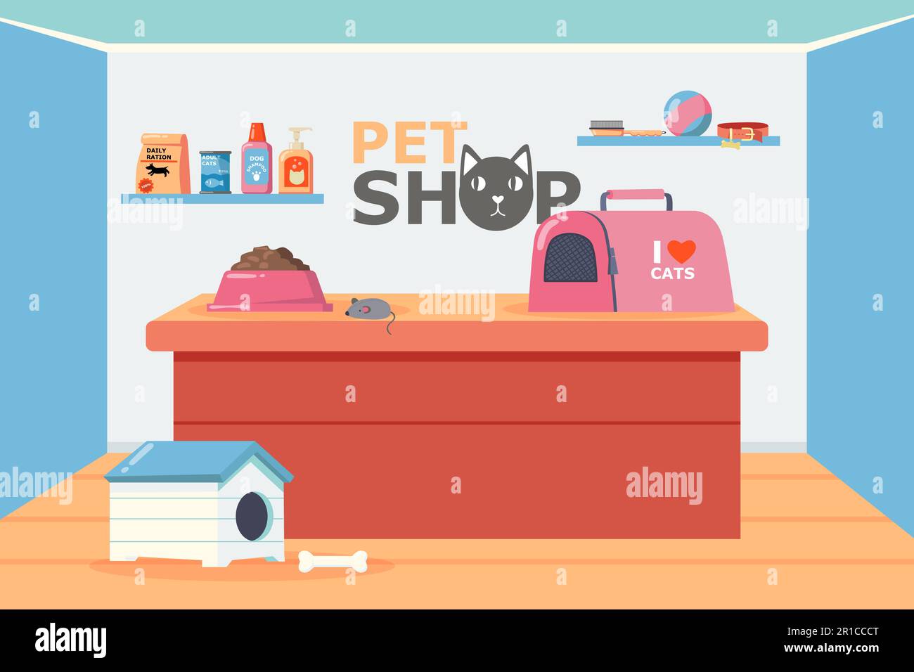 Pet shop interior with counter and shelves vector illustration Stock ...