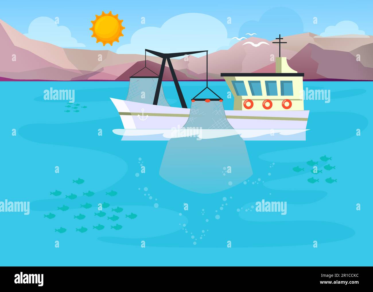 Cartoon fishing boat with lowered fishing net into sea Stock Vector ...