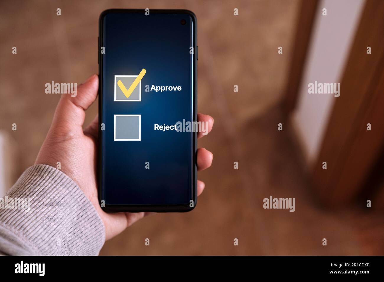 Businesswoman approving document and project on smartphone. Evaluation ...