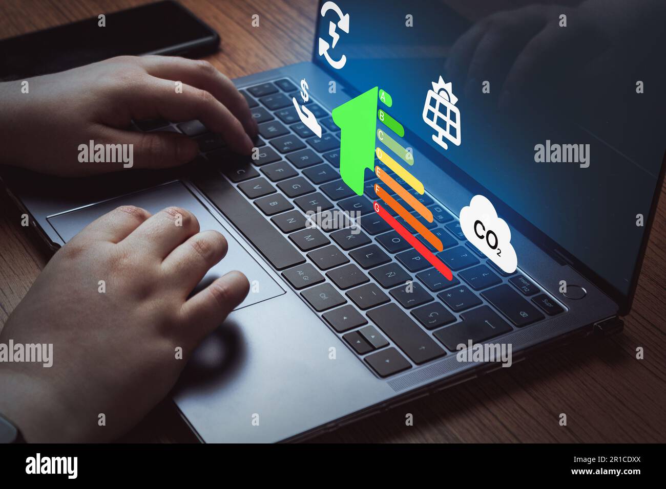 Woman use laptop rating energy efficiency and eco home renovation. Low ...