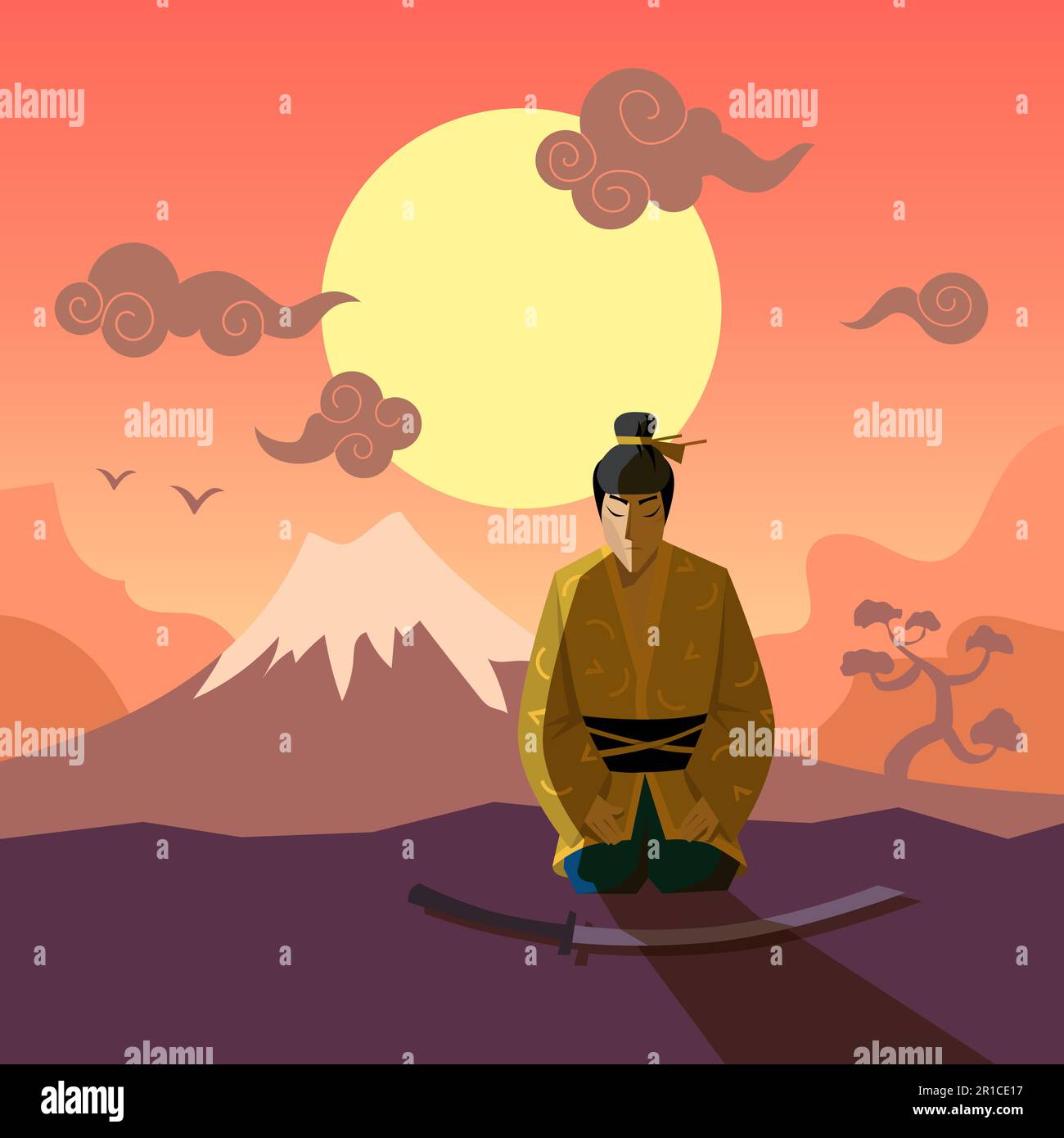Cartoon samurai in traditional kimono flat vector illustration Stock ...