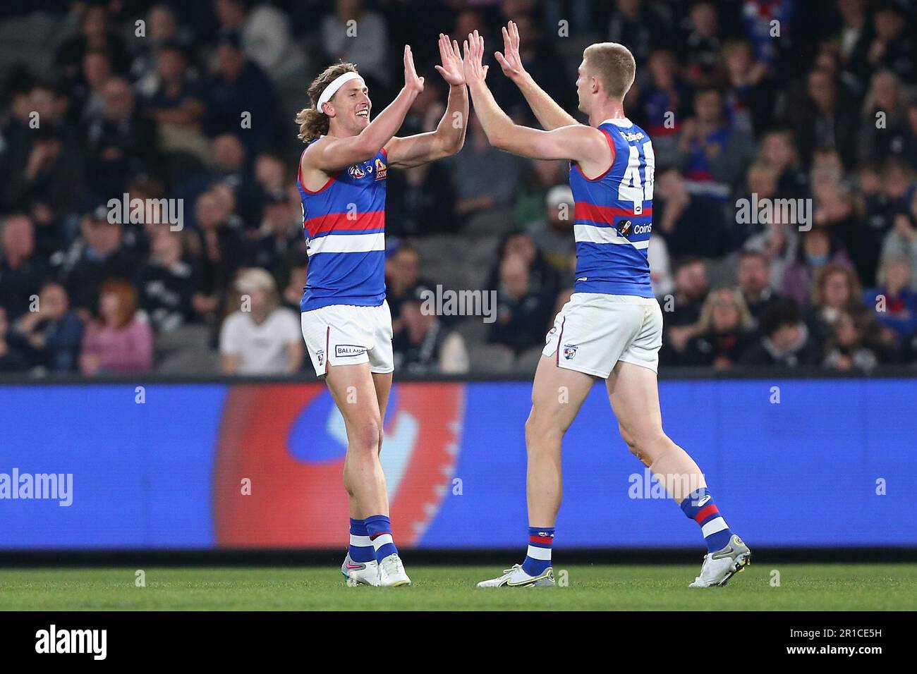 Aaron Naughton of the Bulldogs celebrates a goal during the AFL Round 9 ...