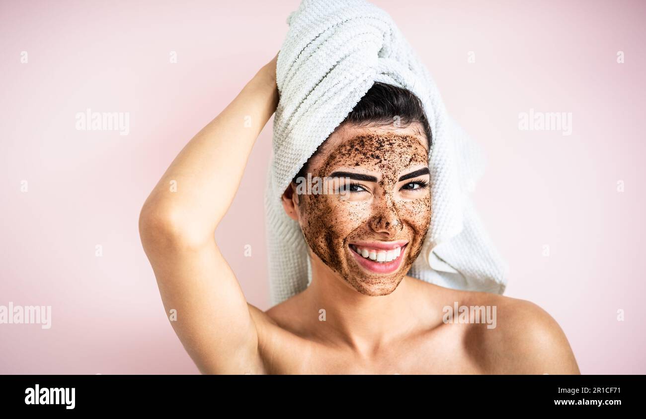 Happy young woman having skin care spa day - People self care lifestyle ...