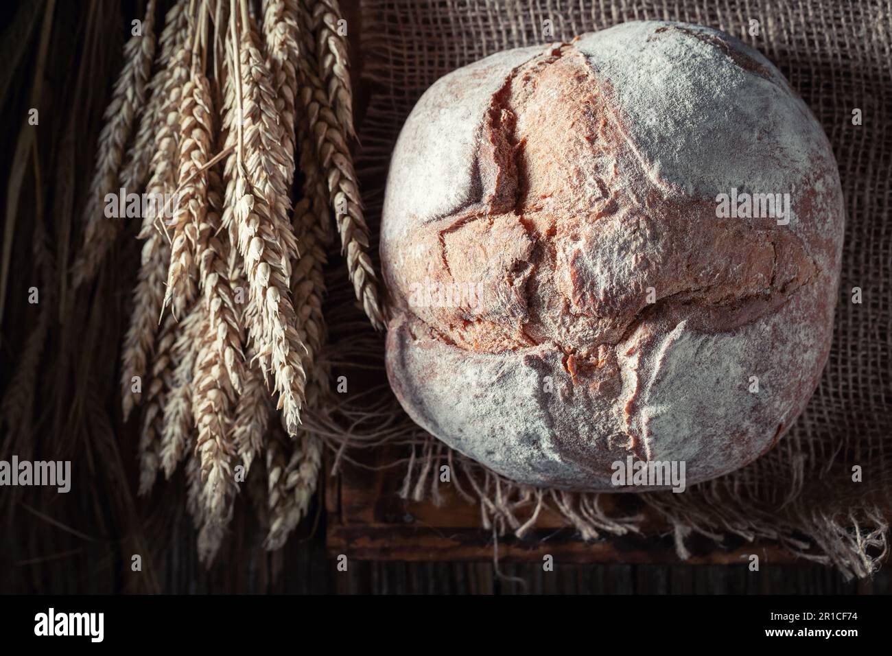 Fresh and rustic loaf of bread with grain and ears. Rustic loaf of ...