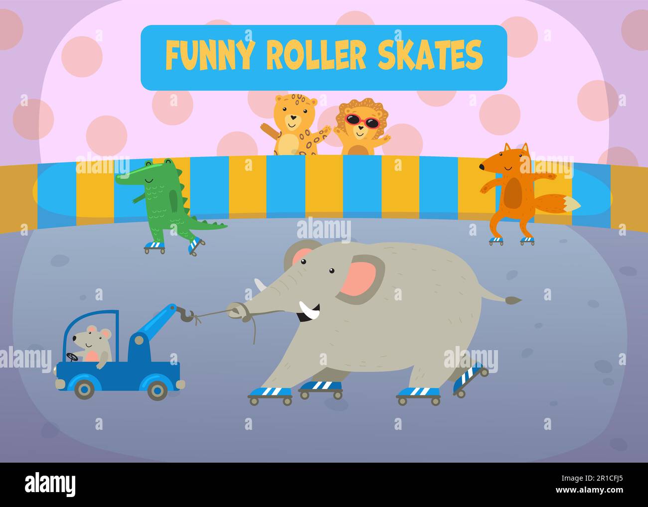 Happy cartoon animals roller skating on rink illustration Stock Vector ...