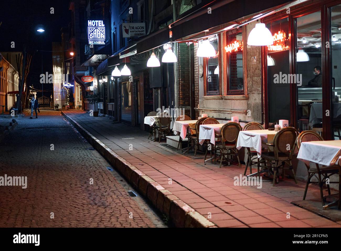 Istanbul unmanned evening cafe with lighting Stock Photo - Alamy