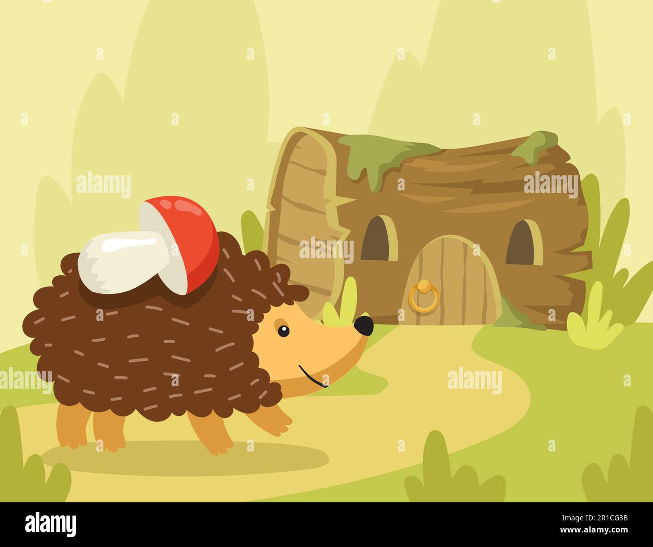 Happy hedgehog going to tree stump home with mushroom on needles Stock ...