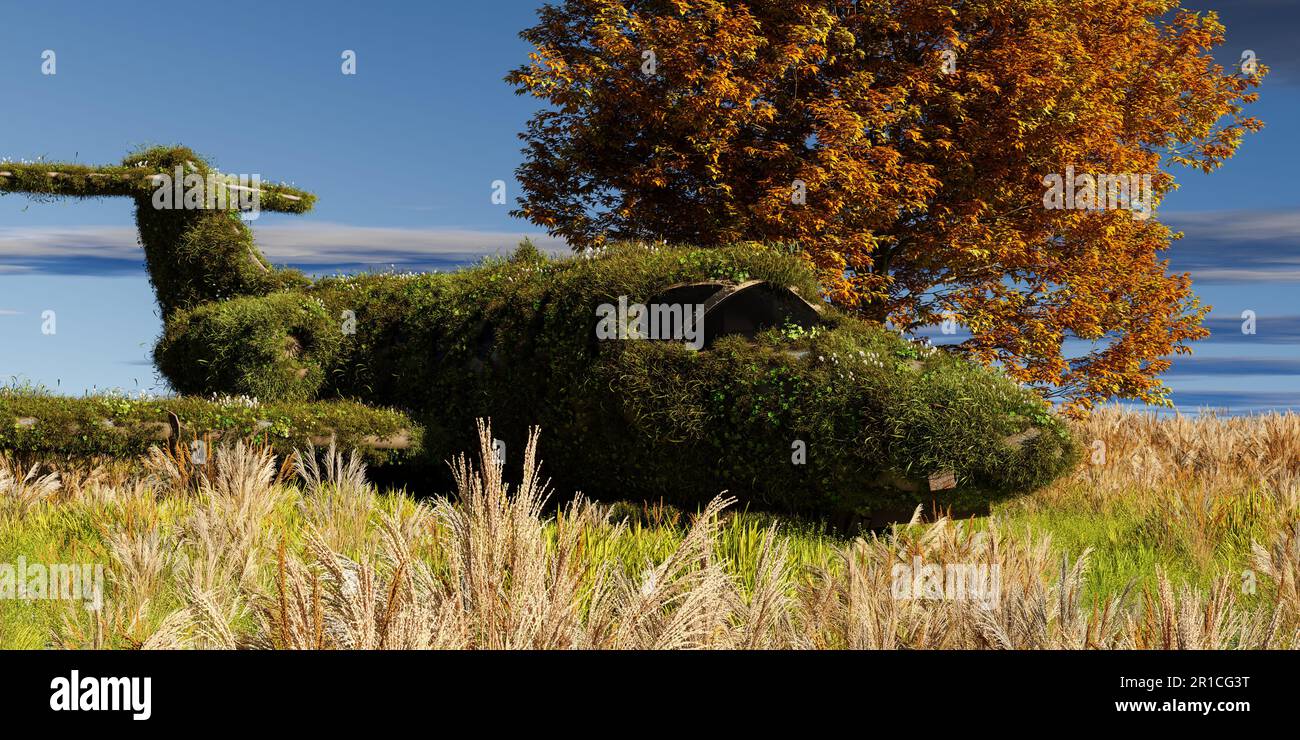 a airplane overgrown by grass on a meadow under a tree - 3D ...